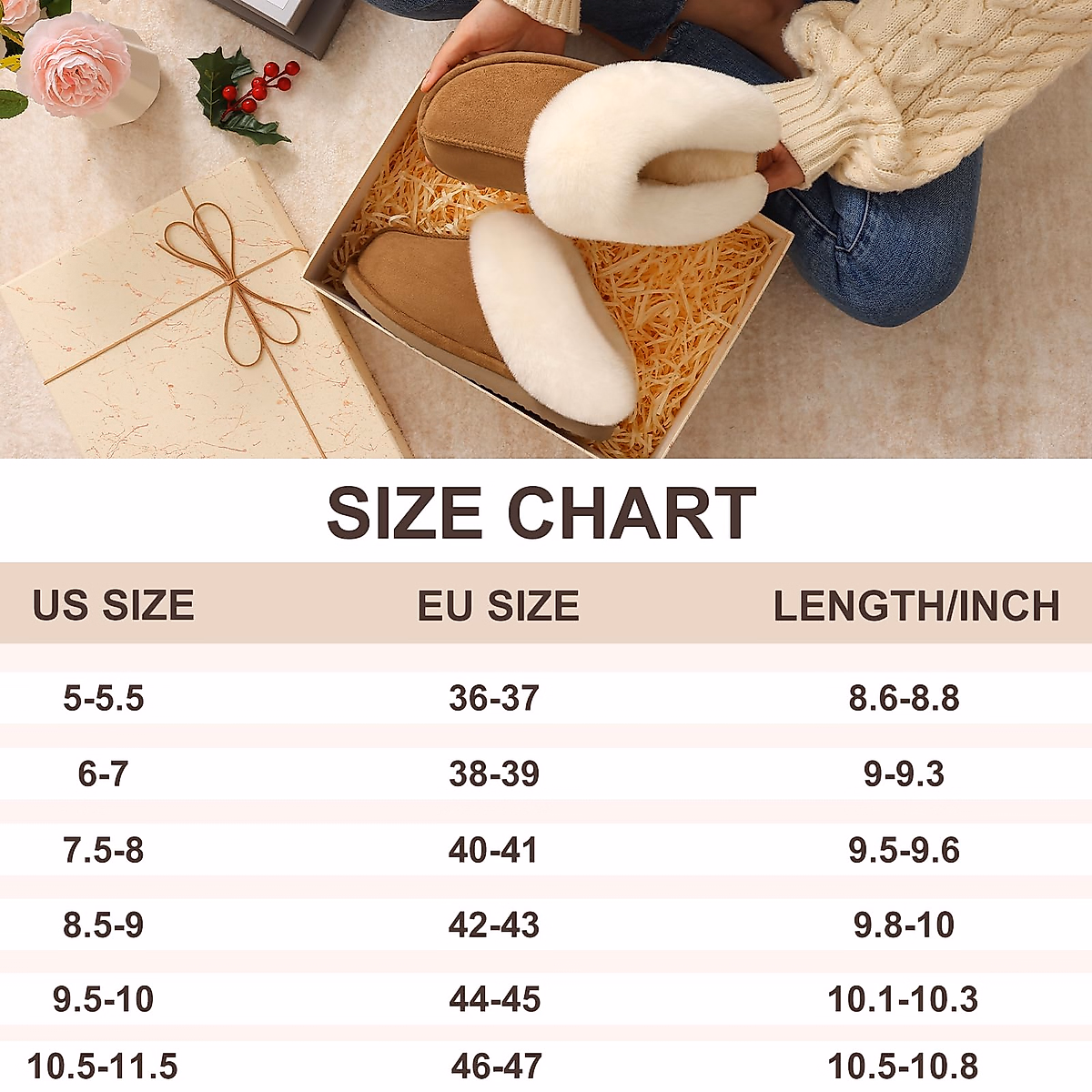 Litfun Fuzzy House Slippers for Women Fluffy Memory Foam Suede Slippers with Faux Fur Collar Indoor Outdoor, Brown 40/41 (Size 7.5-8)