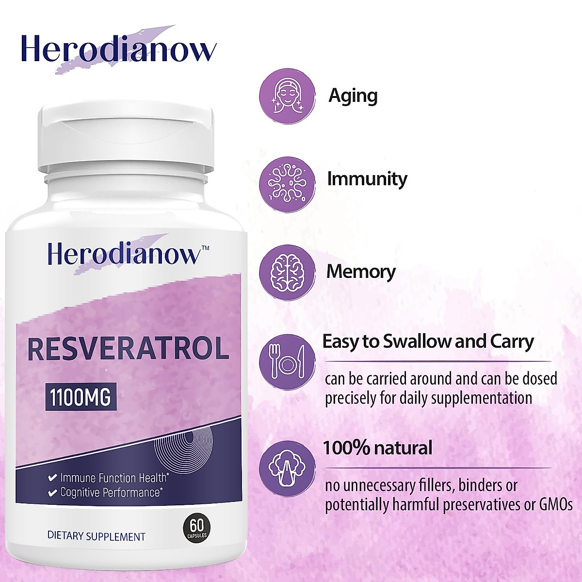 Herodianow Ultra High Purity Resveratrol, 1100 mg Trans- resveratrol Supplement, Antioxidant, for Immune System & Overall Health, 120 Capsules (Pack of 2)