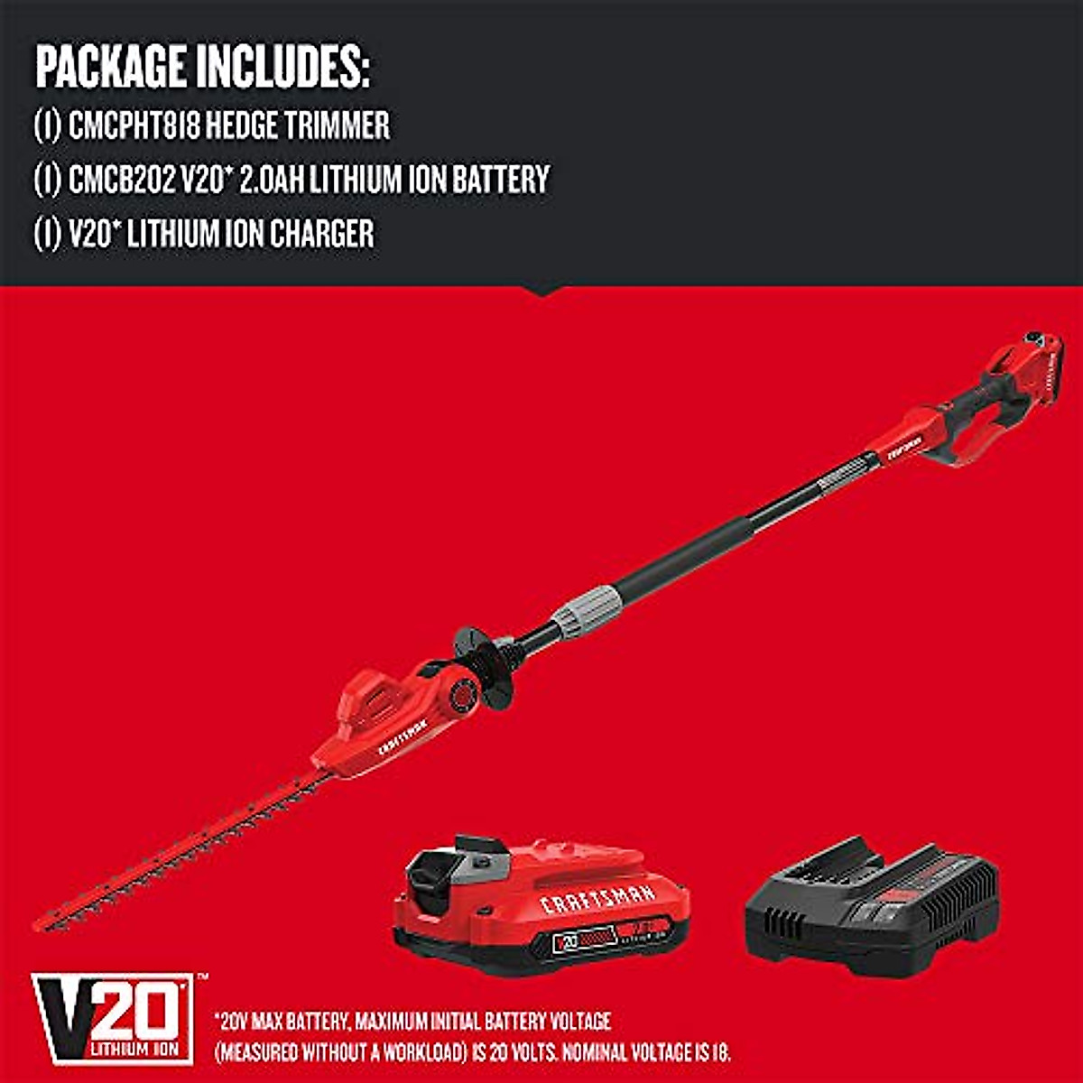 CRAFTSMAN V20 Cordless Pole Hedge Trimmer, 18-Inch, Extended Reach, Battery and Charger Included (CMCPHT818D1)