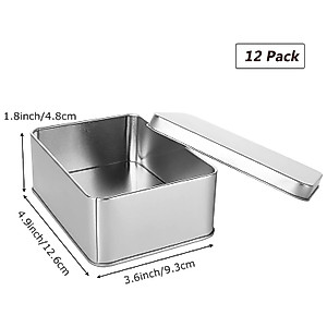 RHBLME 12 Pack Silver Metal Rectangular Tin Box Lids, 4.9" x 3.6" x 1.8" Large Containers Cookie Tins with Lids, Holder for Keeping Car Keys, Cookie, Pencil Case, and More