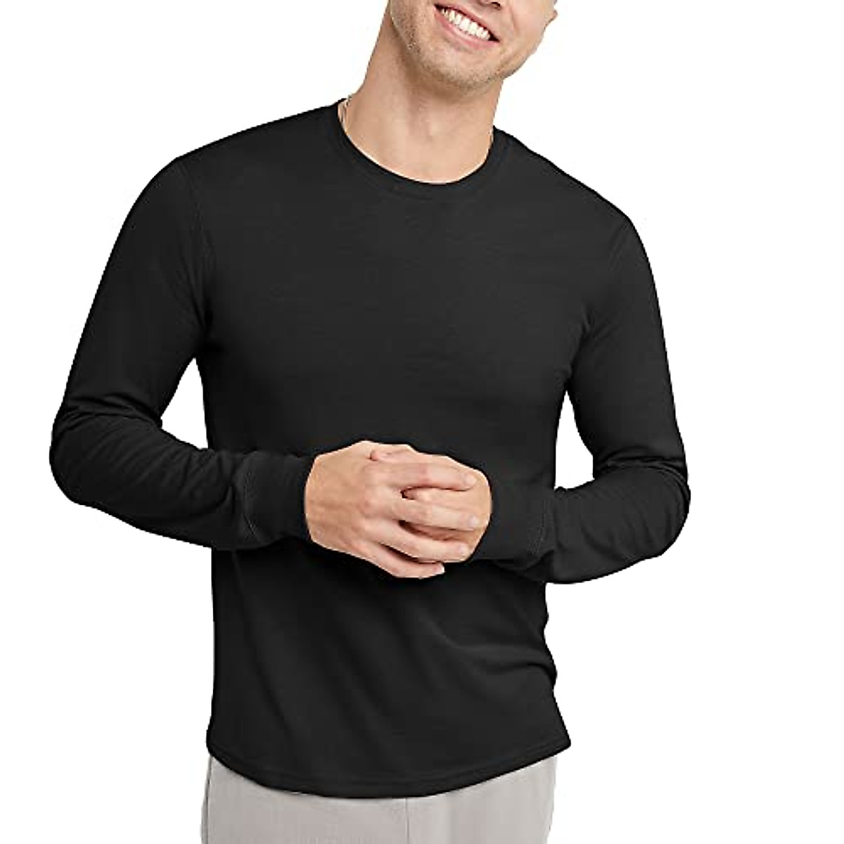 Hanes Originals Long Sleeve Cotton T-Shirt, Classic Crewneck Tee for Men, Black, Medium