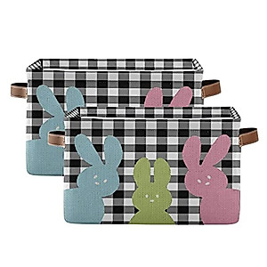 Happy Easter Day Eggs Storage Basket Fabric Laundry Baskets Easter Peeps Bunny Black White Buffalo Plaid Storage Boxes Organizer Bag for Baby Toy Book Storage Cubes Shelf Closet Bins 16×12×8 Inches