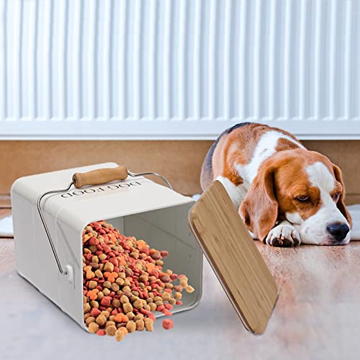 Brabtod Dog Food storage container Dog Treats Jar, Metal food treats tin for Dog, pet snacks Canisters with wooden lid/handle/sevice scoop,hold 5-6 lbs