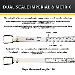 Perfect Pi Diameter Circumference Tape Measure - Imperial and Metric Tape Measure 1/2-inch by 12ft / 3.5m Use for Measuring Cylindrical Objects (Pipe Tape, Tree Tape) Model DCT120