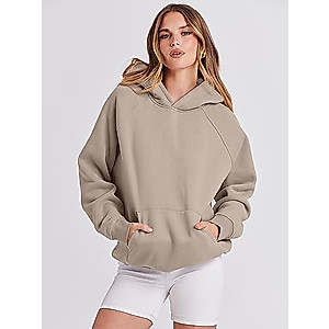 Caracilia Women Solid Basic Loose Hoodie Top Fleece Long Sleeve Pullover Oversized Hooded Sweatshirts with Pocket 2023 Fall Winter Clothes Cute Warm Baggy Sweaters Cozy Outfits 1025shenxing-L Khaki