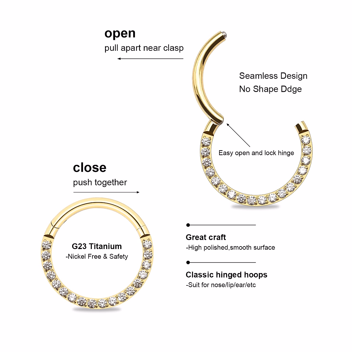BLISI G23 Titanium Septum Clicker 16G Gold Hinged Nose Hoop Segment Rings 8mm Cubic Zirconia Cartilage Earrings Conch Daith Helix Rook Tragus Ear Body Piercing Jewelry