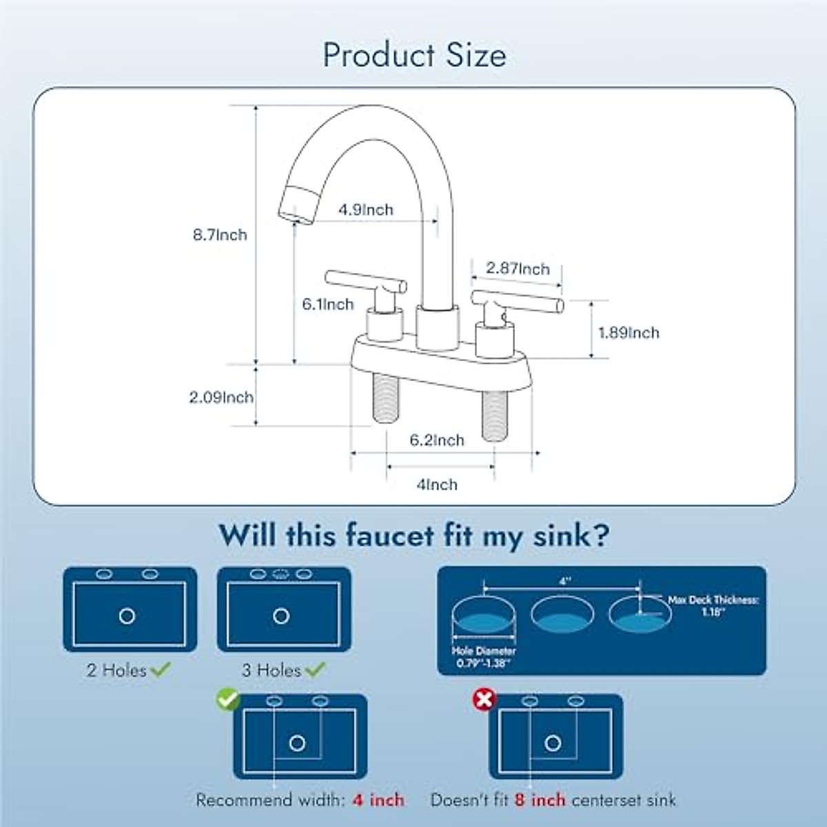 Cinwiny Matte Black Bathroom 4 Inch Centerset Sink Faucet SUS304 Double Handles Swivel Spout Deck Mount Mixer Tap with Pop-up Drain Lavatory Bathroom Vanity Faucets