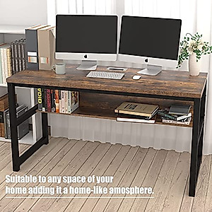 TOPSKY Computer Desk with Bookshelf/Metal Hole Cable Cover 1.18" Thick Desk (55", Rustic Brown)