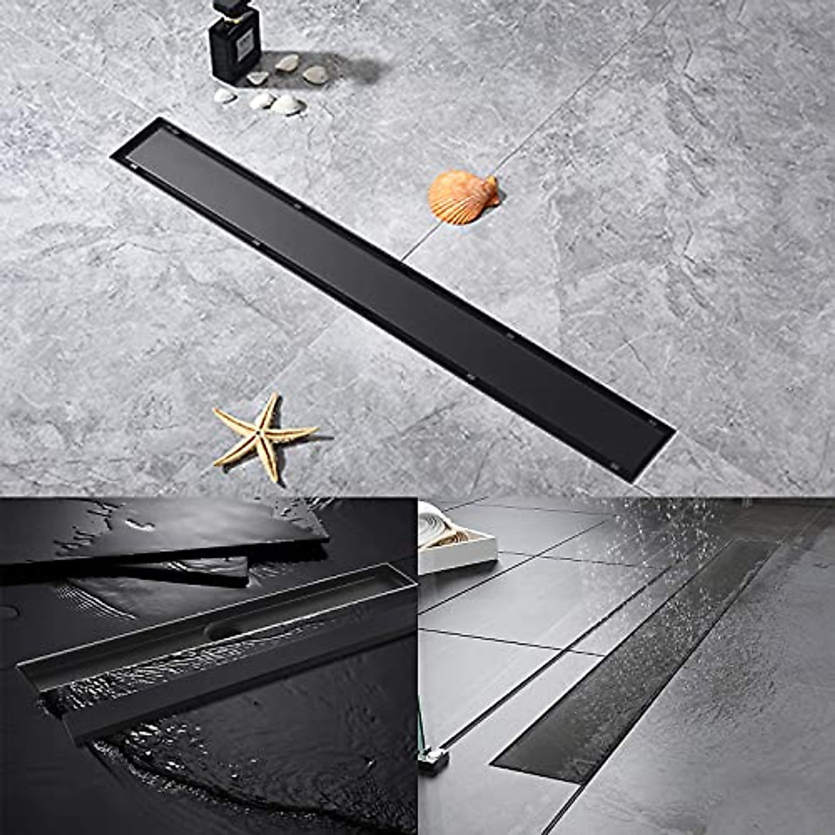 BARONAGE 24-Inch Linear Shower Drain, with 2-in-1 Flat & Tile, Insert Cover Black Brushed 304 Stainless Steel Rectangle Shower Floor Drain Adjustable