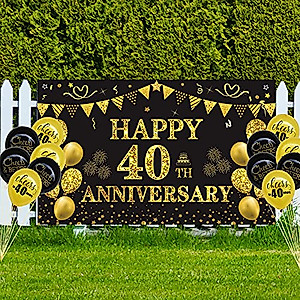 DARUNAXY 40th Wedding Anniversary Decorations, Large Happy 40th Anniversary Banner Backdrop 70 x 43 Inches, Black and Gold Party Balloons, Hanging Swirls for Indoor Outdoor Home Wall Party Supplies