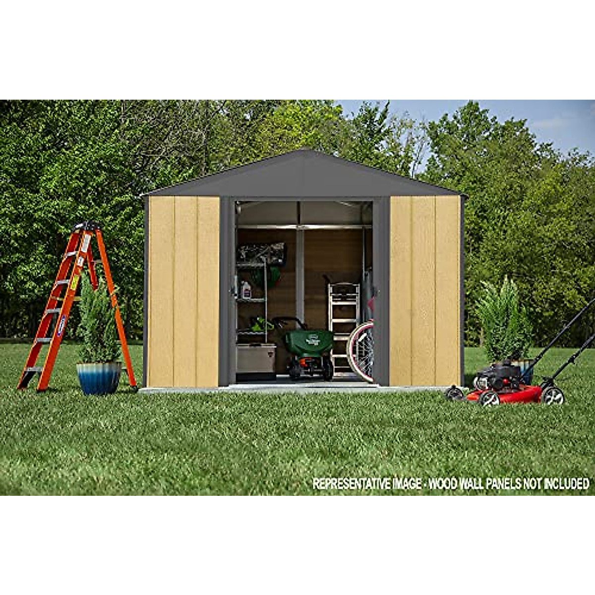Arrow Shed 8' x 8' Ironwood Galvanized Steel and Wood Panel Hybrid Outdoor Shed Kit, Anthracite