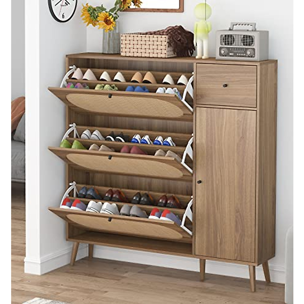 Henf Rattan Shoe Cabinet,Shoes Storage Cabinet with 3 Flip Drawers & Boot Rack,Freestanding Modern Shoes Organizer with Wood Legs, Entryway Shoe Rack Cabinet for Heels,Boots,Slippers (Wood Grain)