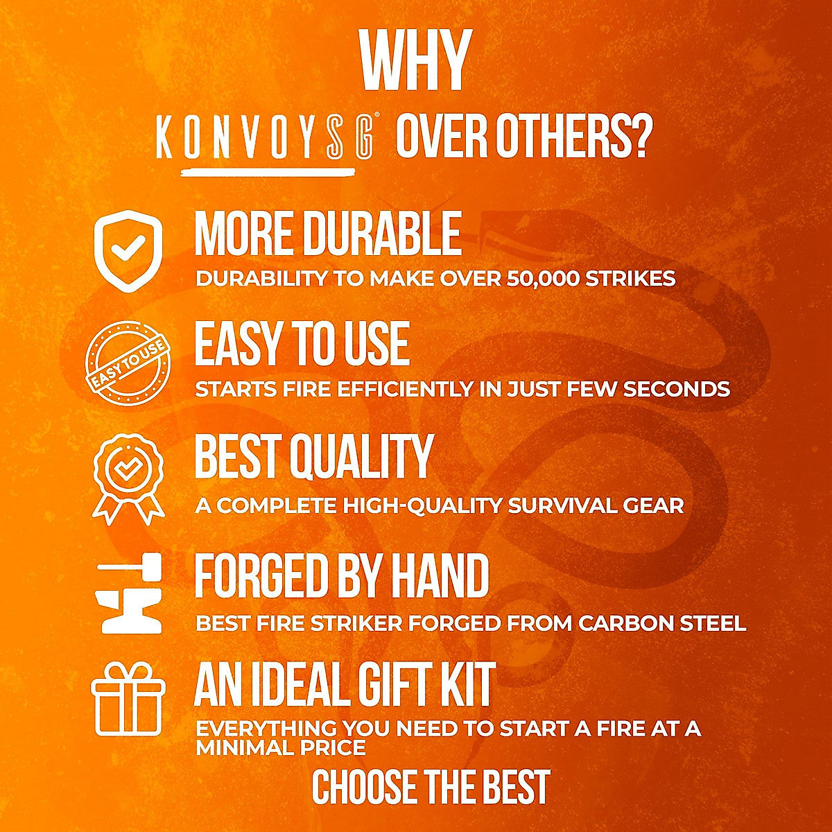 KonvoySG Carbon Steel Fire Striker, English Flint Stone & Char Cloth Traditional Hand Forged Fire Starter, Leather Gift Kit with Emergency Tinder Jute Bag (Cognac)