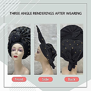 Nigerian Headtie African Head Wraps Already Made Auto Gele African Turban Cap For Party (Black)