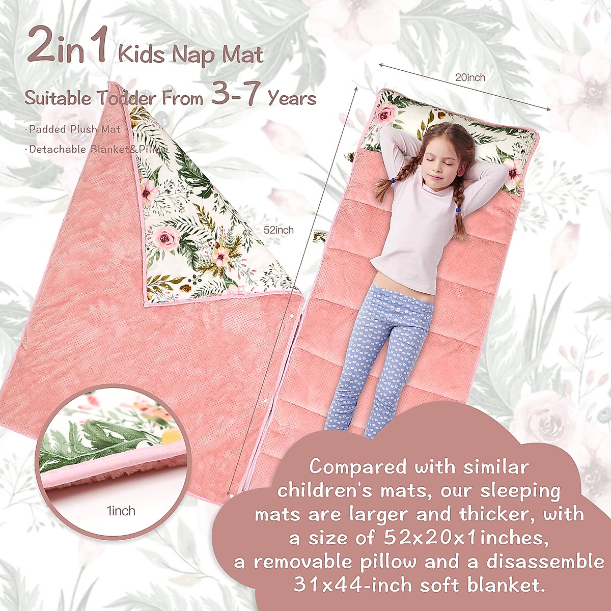 Dad-Baby Toddler Nap Mat with Removable Blanket and Pillow, Extra Large Rolled Napping Mats,Toddler Sleeping Bag,Kids Sleeping Bag for Daycare,Nap Mats for Preschool(Flower Pattern)