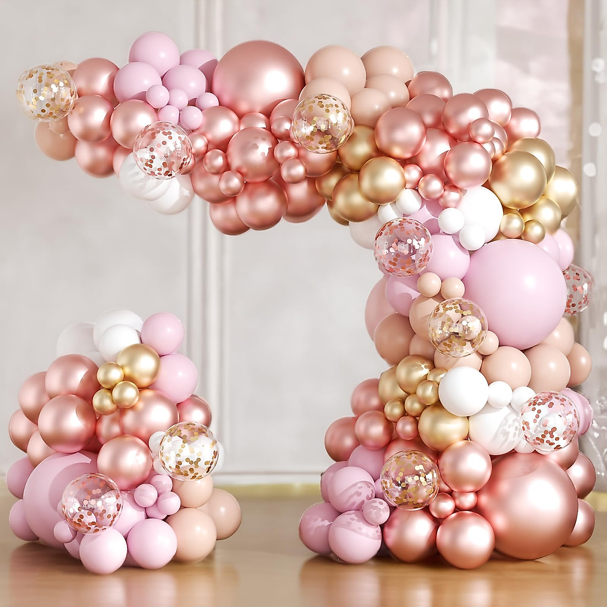 Rose Gold Balloons Arch Garland Kit 164pcs Pastel Pink Chrome Gold Balloon in Different Sizes with Confetti Balloons for Wedding Bridal Shower Princess and Girl Birthday Baby Shower Party Decorations