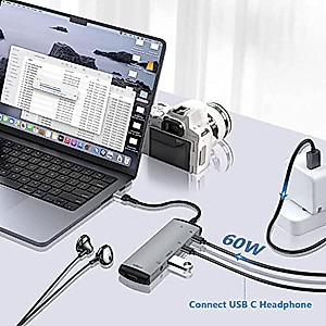 5 IN 1 USB C to 3.5mm Headphone and Charger Adapter, USB C Hub OTG USB 3.0 Data Adapter PD 60W Charger Fit with iPad Pro/iPad Air Mini/Macbook Pro/Air, Galaxy S23 S22 Note 20 Ultra, Pixel 7 6 Pro