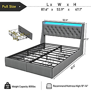 SADENICEL Full Size Bed Frame with Storage Headboard and 4 Drawer, Metal Full Bed Frame Platform with LED Light, Charging Station, No Box Spring Needed, Noise Free, Easy Assembly, Grey