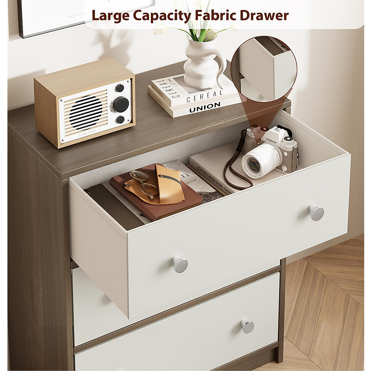 Nicehill 3 Drawer Dresser, Nightstand for Bedroom with Drawers, Small Dresser Bedside Table Chest of Drawers for Bedroom, Hallway, Entryway, Closets,Kids' Room(Light Wood Grain and White)