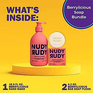 Nudy Rudy - Berrylicious - Liquid Hand Wash + 2 Bar Soap Bundle - Organic Shea Butter - Cloudberries - Non-Greasy - Hand Soap - Body Wash - Skin Care - Men & Women - 16.9 fl oz & 4.2 oz - 3 Pack