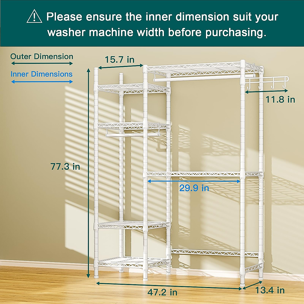 Ulif U7 Over the Washer and Dryer Storage, Laundry Room Heavy-Duty Space Saver with 6 Shelves and 2 Hanger Rods, Laundry Clothes Drying Rack and Toiletries Organizer, 47.2”W x 13.4”D x 77.4”H, White