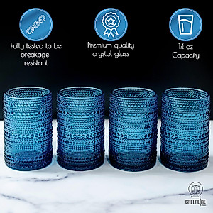 Greenline Goods Hobnail Drinking Glasses - Blue 12 oz Thick Modern Kitchen Glassware Set - Unique Vintage Bubble Cocktails Or Modern Bar - Set of 4 - Old Fashioned Beverage Glasses For Tabletop