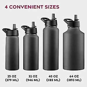 FineDine Triple Walled, Insulated Water Bottles with Straw - 32 Oz Stainless Steel Metal Bottle W/ 3 Leak Proof Lids - For Travel, School, Sports, Gym/Men, Women & Kids - Inky Raven Black