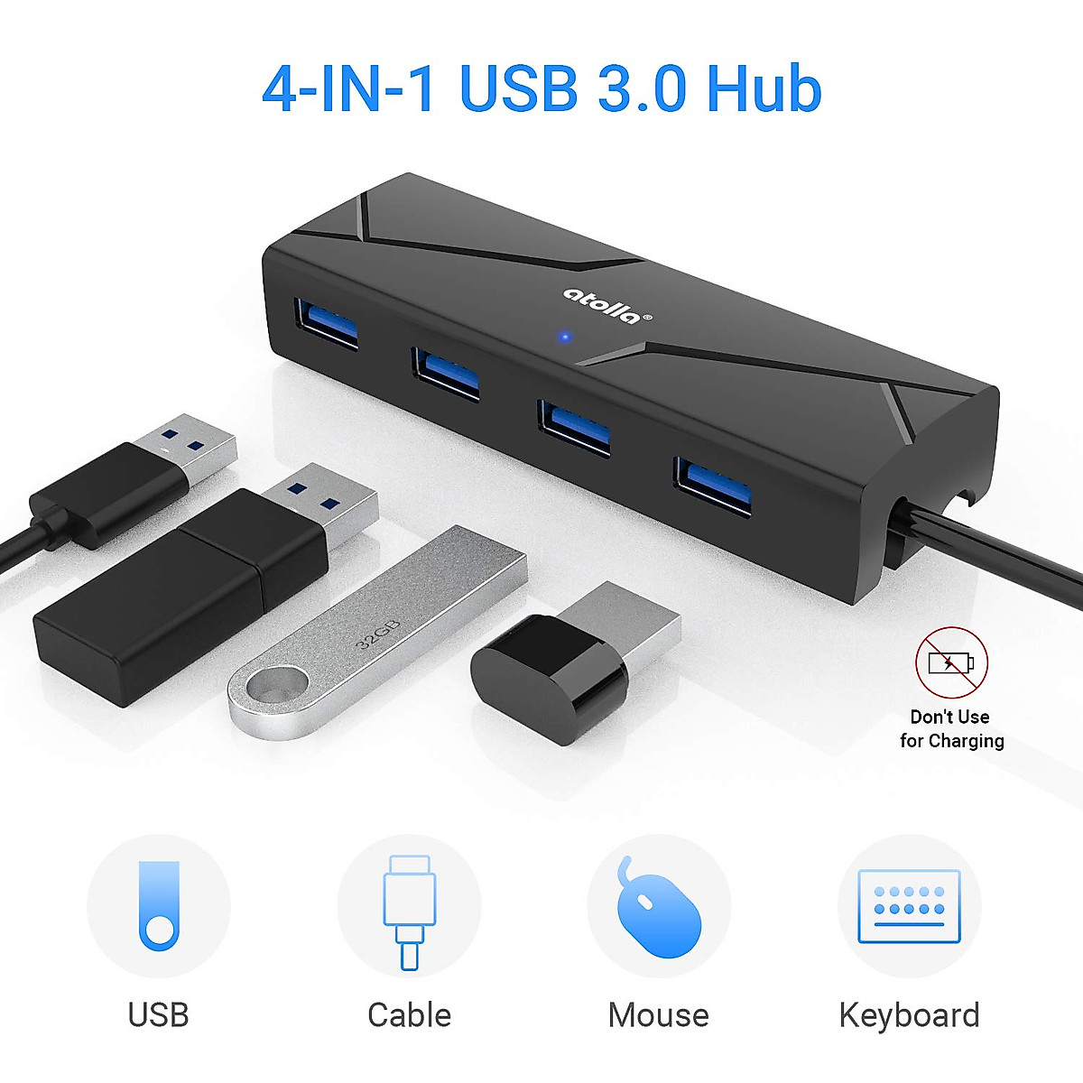 USB Hub, atolla 4-Port USB Splitter with Cable Fitting Slot & LED Indicator, Ultra-Slim USB 3.0 Hub for MacBook Air 2015/2016/2017, Mac Pro/Mini, iMac, Surface Pro, XPS, PC