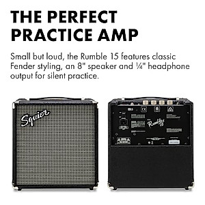 Squier by Fender Bass Guitar Kit, with 2-Year Warranty, Laurel Fingerboard, Black, Poplar Body, Includes Rumble 15G Amp, Padded Guitar Bag, Cable, Guitar Strap, and More