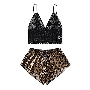 SOLY HUX Women's Sexy 2 Piece Lingerie Set Lace Cami and Silk Satin Leopard Print Pajama Set Comfy Sleepwear Khaki and Black M
