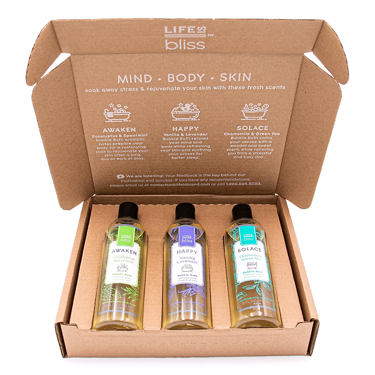 Life is Bliss | 3 Fresh & Soothing Scents | Variety Pack | Liquid Bubble Bath 16 fl oz