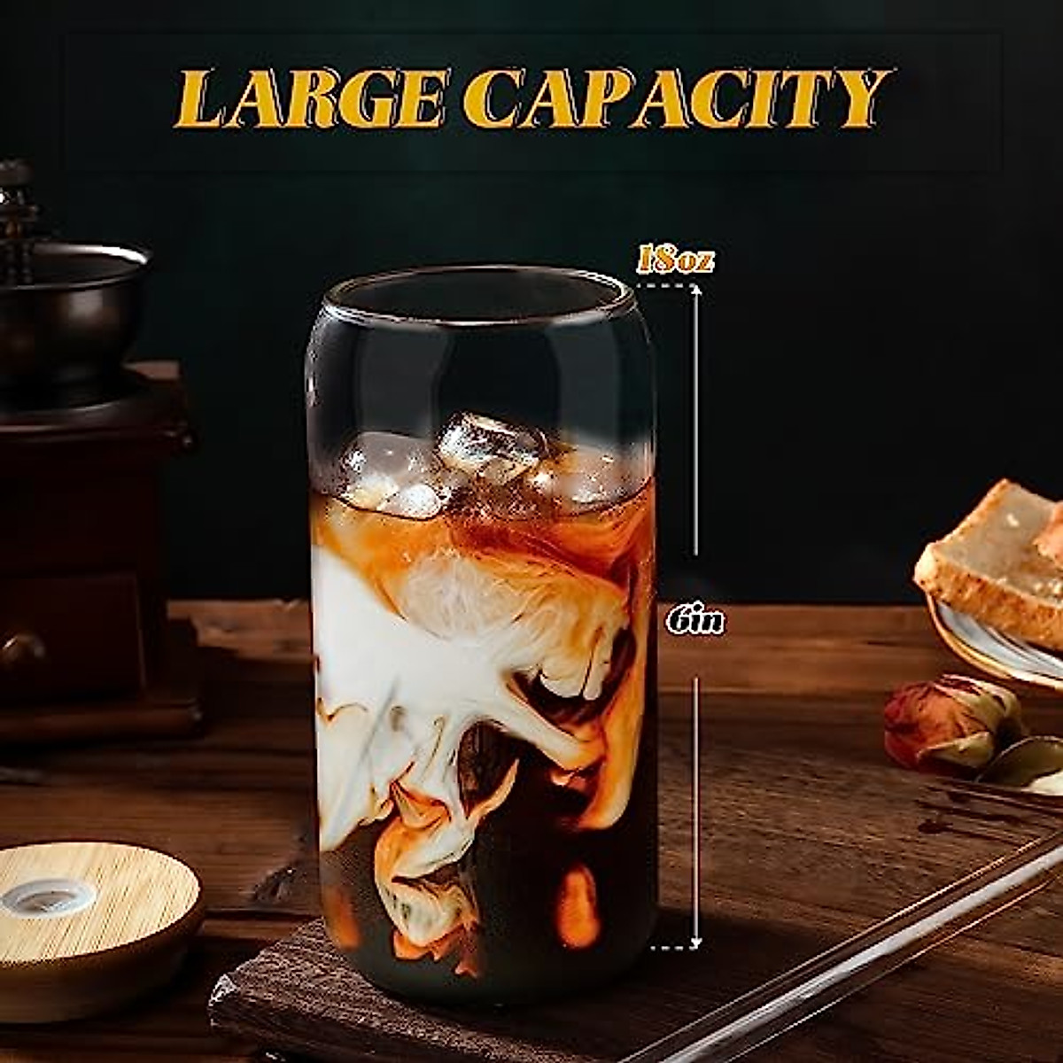 Porkus Glass Cups with Bamboo Lids and Straws 4pcs Set-18oz,Cute Glass Iced Coffee Cups for Coffee Bar Accessories-Cups with Lids and Straw Set