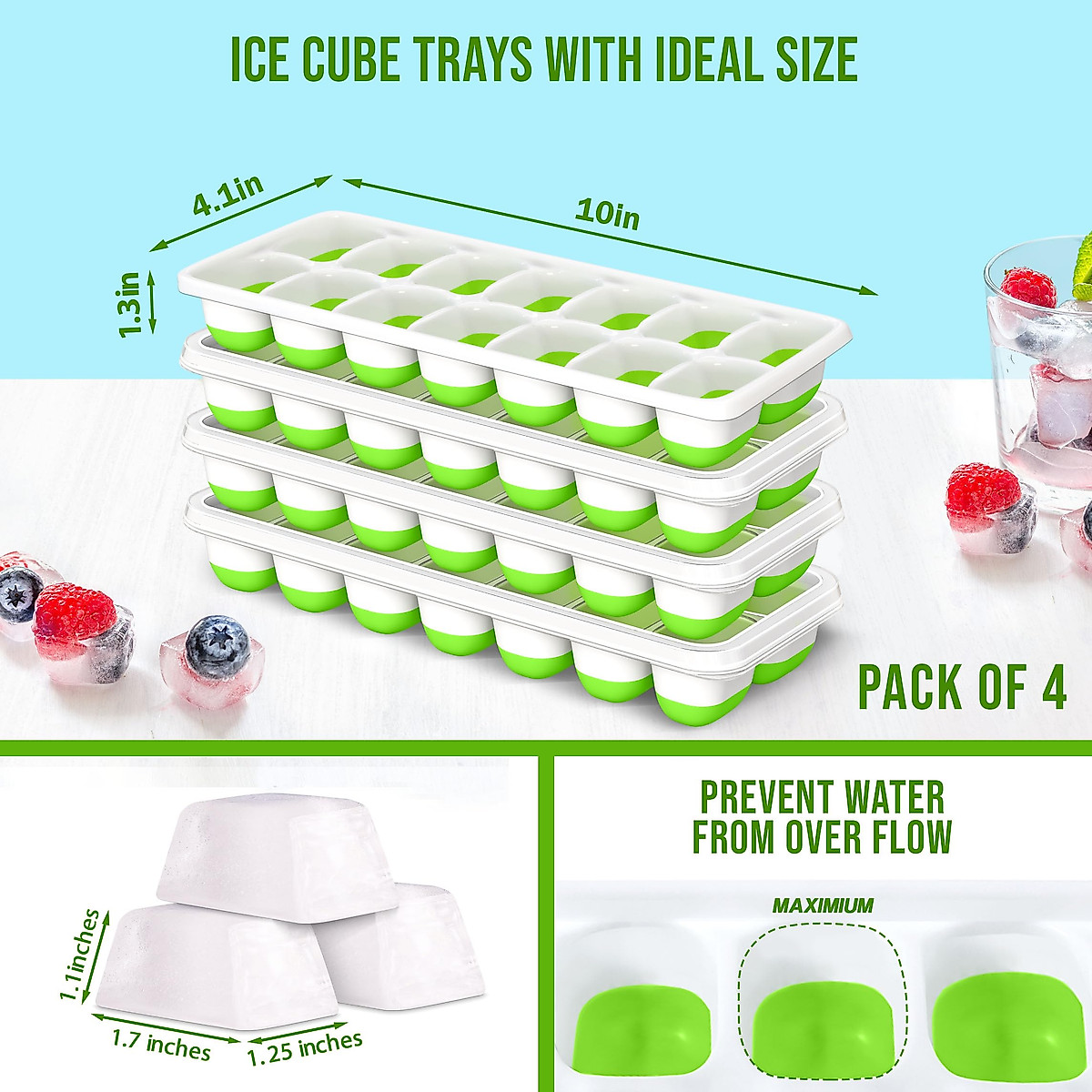 CKE Ice Cube Tray with Lid, 4 Pack Easy-Release 56 pcs Stackable Ice Molds, Plastic Silicone Ice Cube Trays for Freezer with Spill Resistant Removable Lid for Cocktail, Baby Food, Coffee