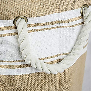 DII Burlap Collapsible Storage Bin with Cotton Handles, Medium Round, 15x12, White Border