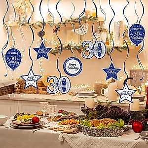 Nelbiirth Happy 30th Birthday Blue & Silver Glitter Swirls Streamers Party Decorations - 15 Pcs 30th Birthday Hanging Swirls Streamers Kit,Cheers to Thirty Years Old Bday Party Sign.