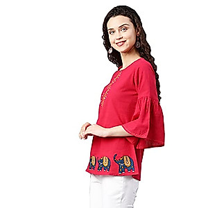 Yash Gallery Women's Plus Size Cotton Slub Elephant Print Indian Tunic Summer Tops (Pink)