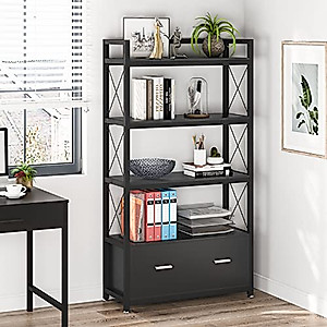 LITTLE TREE Freestanding Lateral File Cabinet with Drawer, Filiing Cabients with Shelves, Black