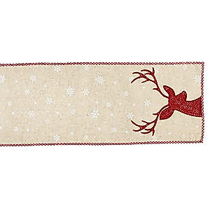 DII Holiday Dining Table Decoration Embroidered Christmas Table Runner, 14x70, Red Reindeer & Snowflakes