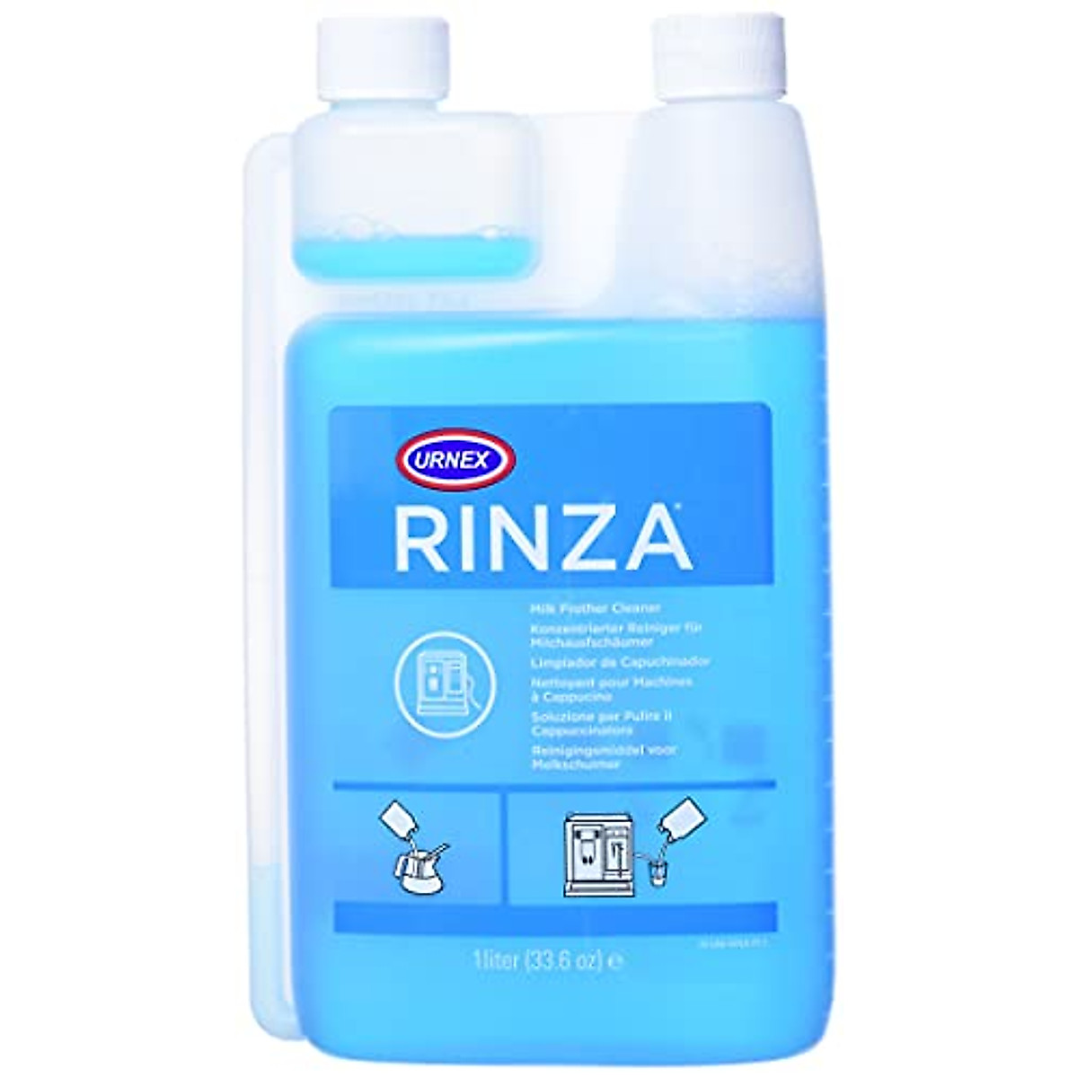 Urnex Rinza Alkaline Formula Milk Frother Cleaner - 33.6 Ounce [Over 30 Uses] - Breaks Down Milk Protein Fat and Calcium Build Up Cycles Through Auto Frother Cleans Lines Steam Wands & Steel Pitchers