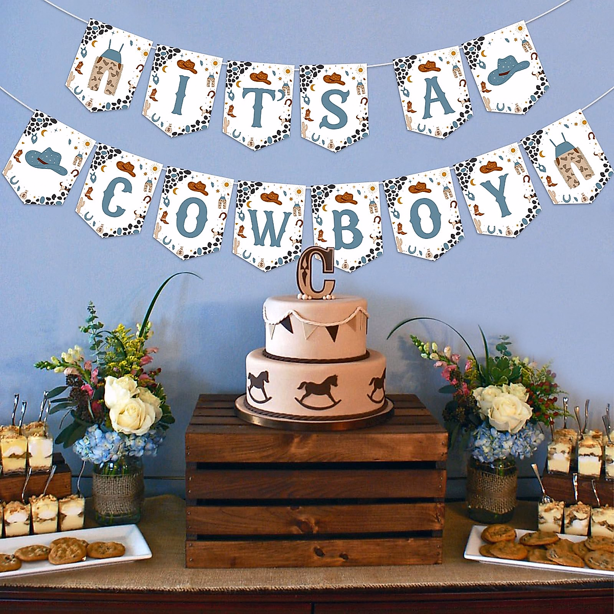 JOYMEMO It's A Cowboy Banner, Blue Cowboy Baby Shower Decorations for Boy, Western Little Cowboy Theme Decor Party Supplies