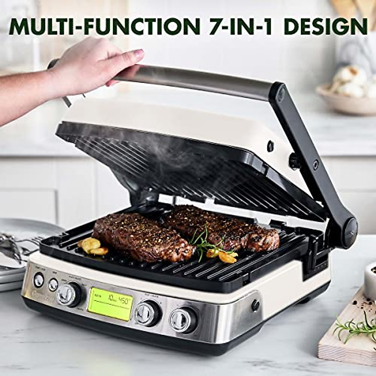 GreenPan Elite 7-in-1 Multi-Function Contact Grill & Griddle, Healthy Ceramic Nonstick Aluminum, Grill & Waffle Plates, Adjustable Shade & Shear, Closed Press/Open Flat Surface, PFAS-Free, Cream White