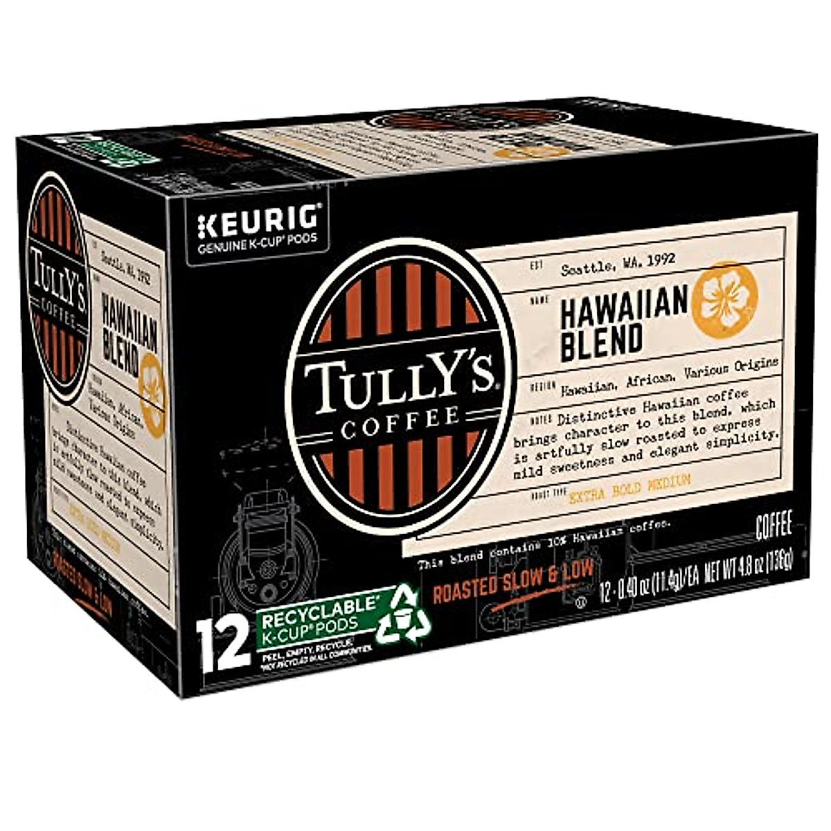 Tully's Coffee Hawaiian Blend Keurig Single-Serve K-Cup Pods, Medium Roast, 72 Count