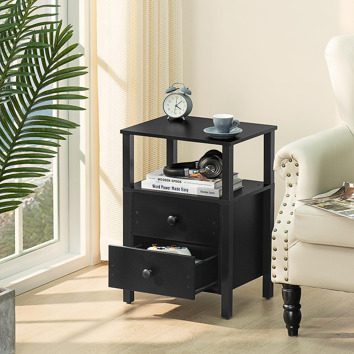 Lerliuo Black Night Stand, Small Nightstand with 2 Wood Drawers and Storage Shelf, Mid Century Modern Bedside Table with Wooden Frame, Rustic Bed Side Tables for Small Spaces, Nightstands for Bedroom