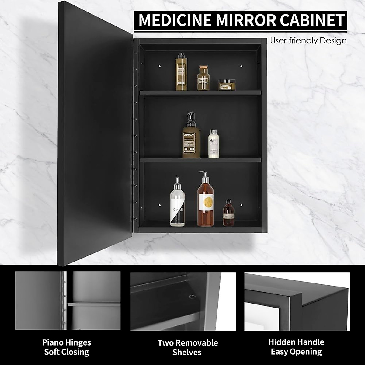 Movo 20 inch x 26 inch Medicine Cabinet Mirror,Black Mirror Medicine cabinets for Bathroom, Recessed or Surface Mount Bathroom Medicine Cabinet with Beveled Mirror
