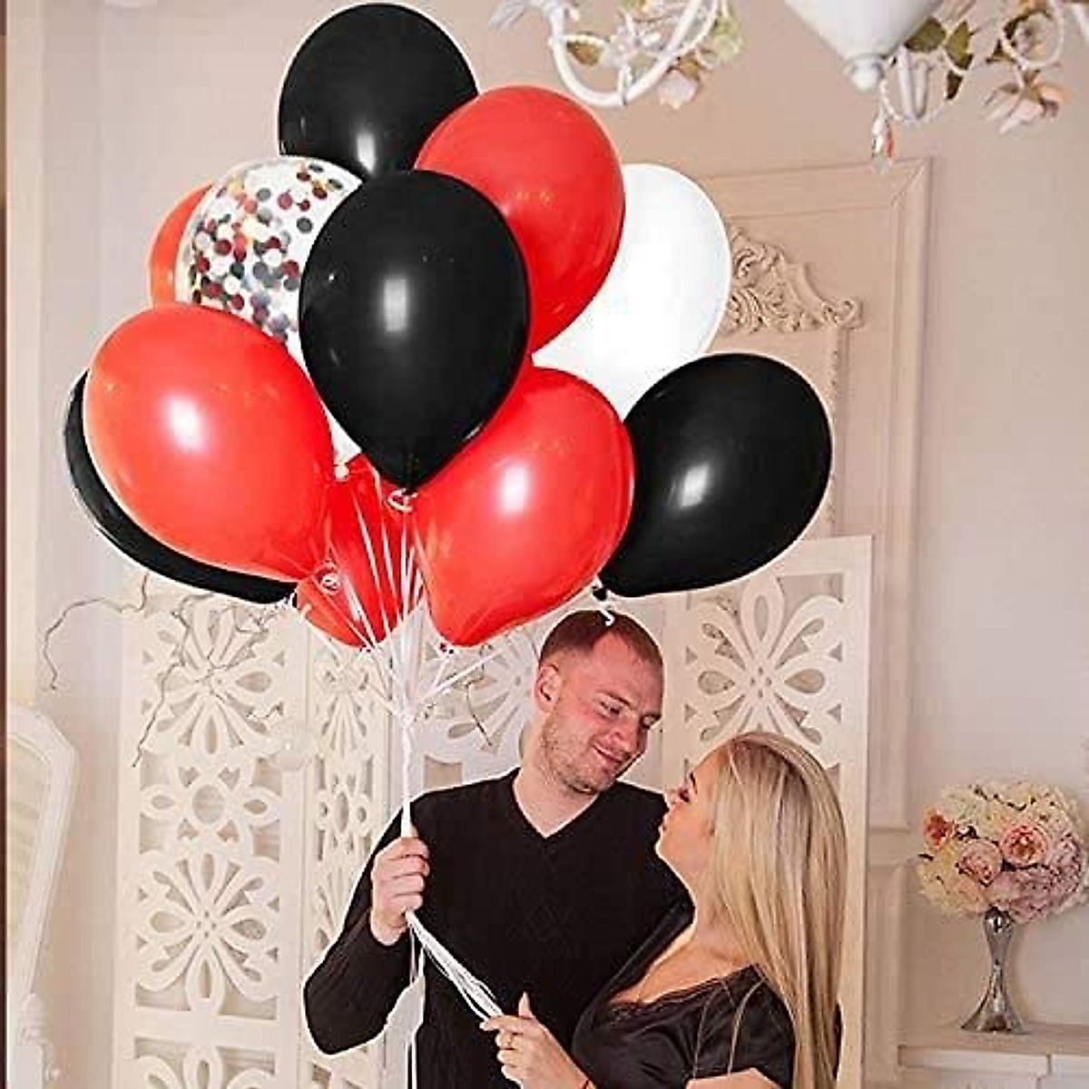 Red and Black Latex Balloons, 50 Pack 12 inch Black White Red Confetti Party Balloons with Ribbons for Birthday Graduation Wedding Bridal Shower Party Decoration