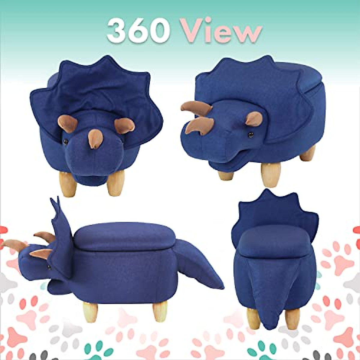 Critter Sitters 15-In. Seat Height Denim Blue Triceratops Dinosaur Animal-Shaped Storage Ottoman for Nursery, Bedroom, and Playroom, Multifunctional, Durable, and Fun Footstool for Kids and Toddlers