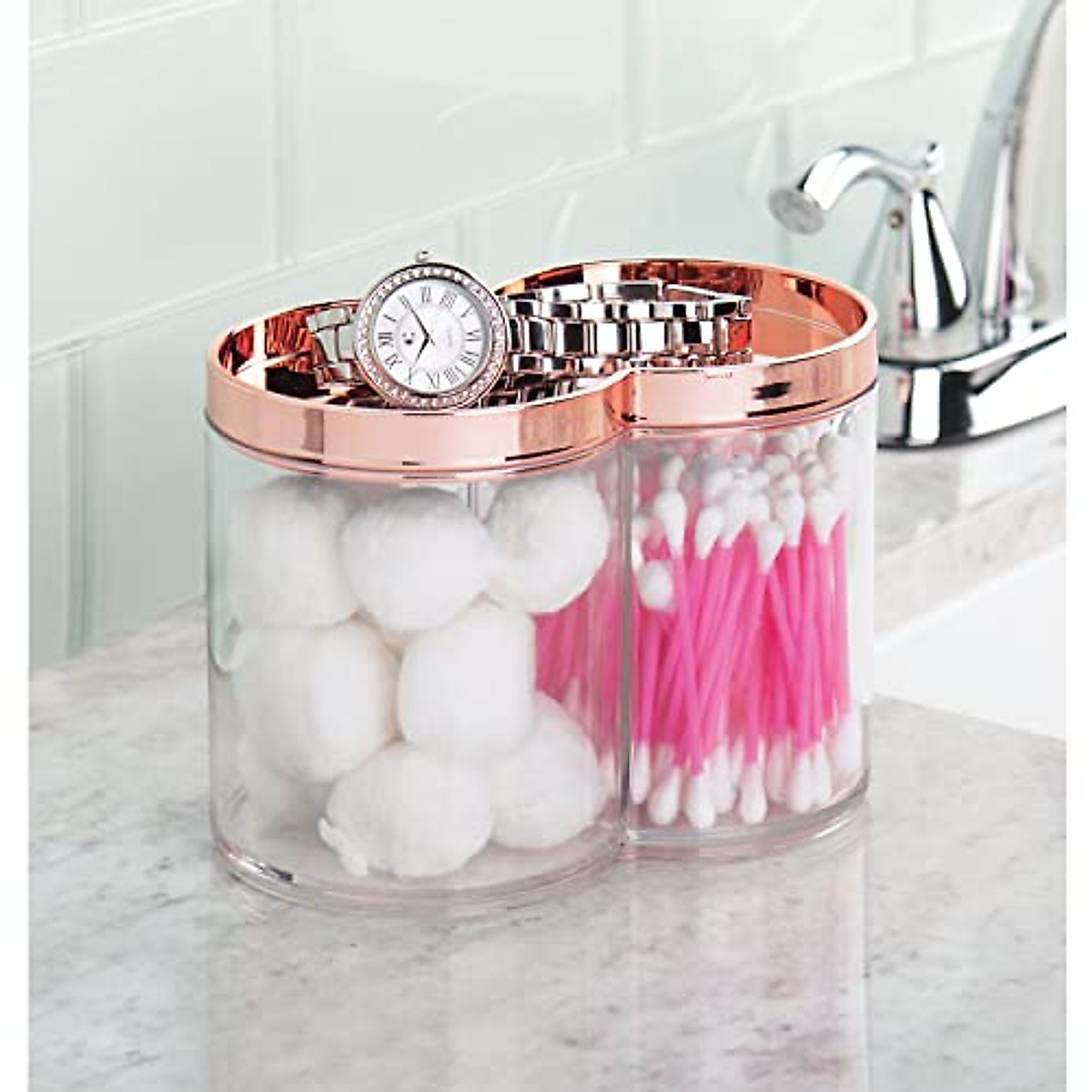 mDesign Plastic Canister Jar Organizer Set with Storage Lid - Home Decor Holder for Bathroom/Restroom Vanity Countertop, Cabinet - Holds Cotton Balls, Soap - Lumiere Collection - Clear/Rose Gold