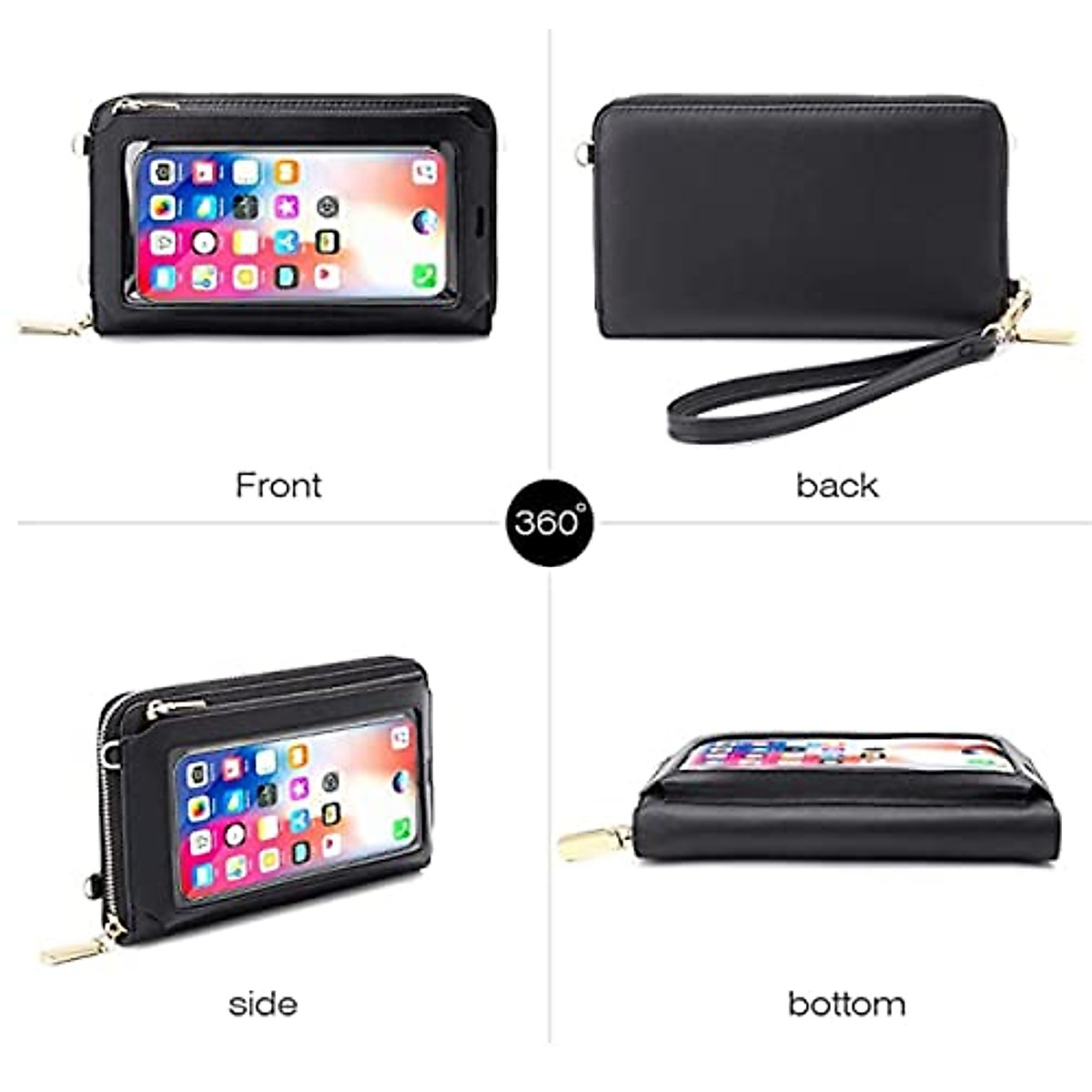 RFID Blocking Touch Screen Phone Bag Small Crossbody Bag Shoulder Handbag Wristlet for Women (E4 Black - Touch Screen)