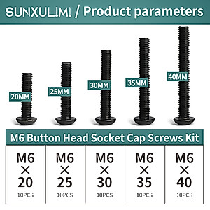 M6 x 20mm 25mm 30mm 35mm 40mm Button Head Socket Cap Screws Bolts, 10.9 Grade Alloy Steel, Metric Allen Hex Drive, Black Oxide Finish, Fully Threaded, Assortment Kit 50PCS