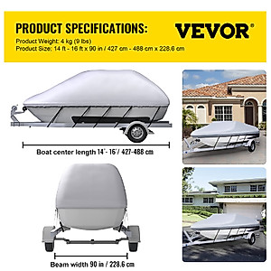 VEVOR Waterproof Boat Cover, 14'-16' Trailerable Boat Cover, Beam Width up to 90" v Hull Cover Heavy Duty 210D Marine Grade Polyester Mooring Cover for Fits V-Hull Boat with 5 Tightening Straps